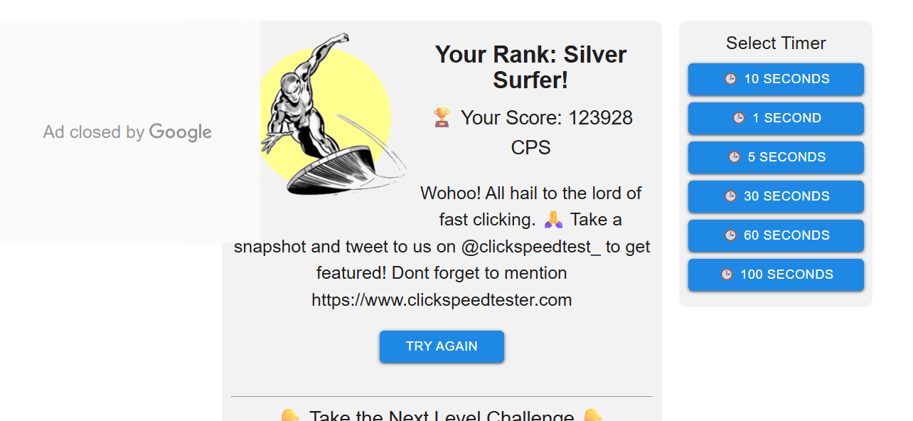 Click Speed Test | Click Test in 1/5/10/60/100 Clicks Per Second