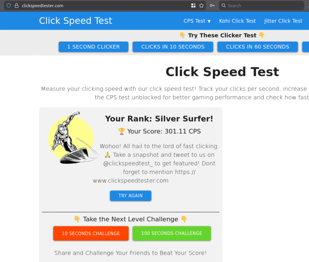 Click Speed Test | Click Test in 1/5/10/60/100 Clicks Per Second